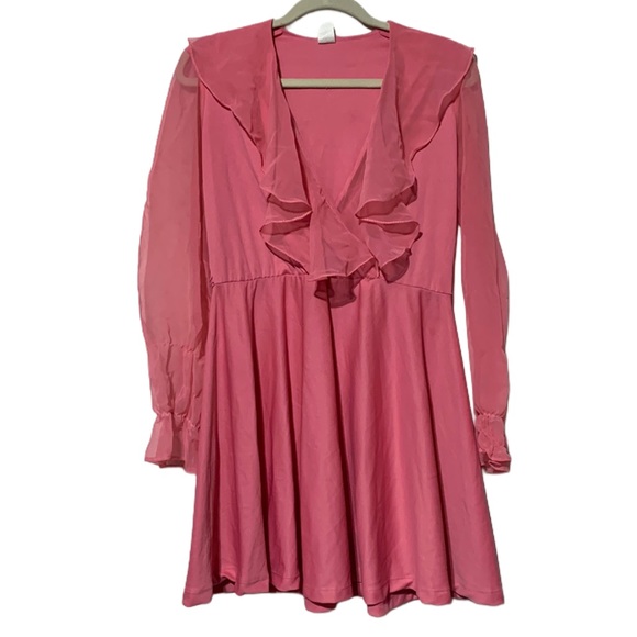 Vintage | Dresses | Vintage Pink Ruffle Trim Long Sleeve Mini Dress ...